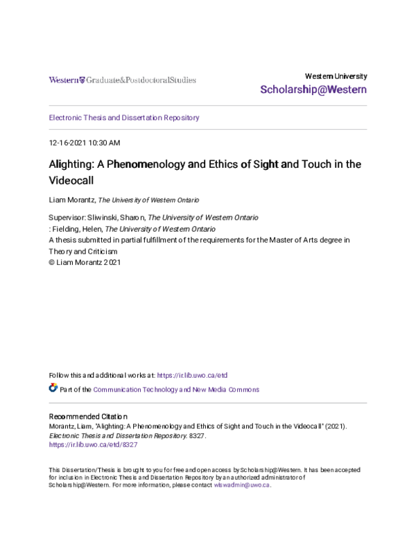 (PDF) Alighting: A Phenomenology and Ethics of Sight and Touch in the ...