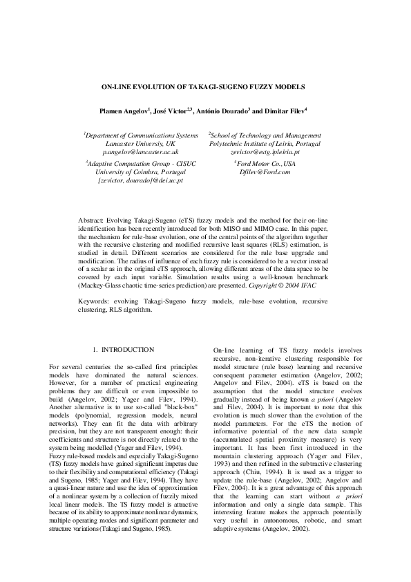 Pdf On Line Evolution Of Takagi Sugeno Fuzzy Models José Victor 9427