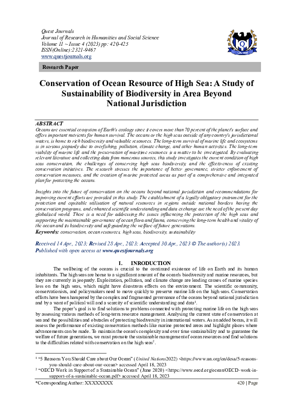 (PDF) Conservation of Ocean Resource of High Sea: A Study of ...