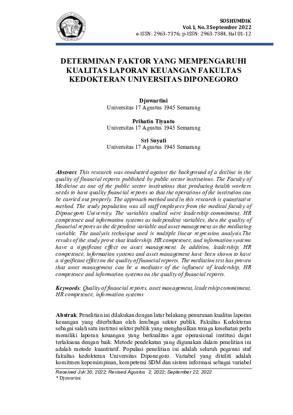 (PDF) Determinan Faktor Yang Mempengaruhi Kualitas Laporan Keuangan Fakultas Kedokteran ...