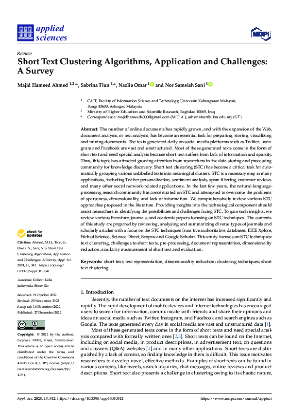 Pdf Short Text Clustering Algorithms Application And Challenges A Survey Majid Ahmed
