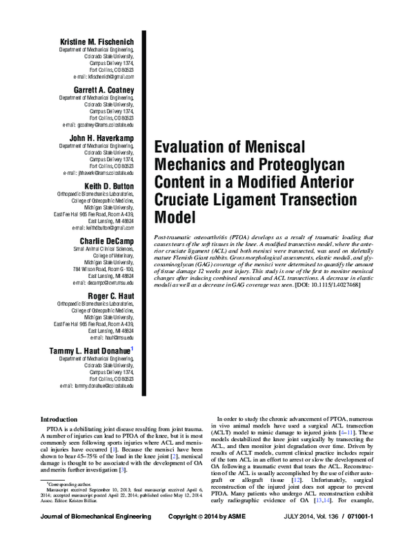 (PDF) Evaluation of Meniscal Mechanics and Proteoglycan Content in a ...