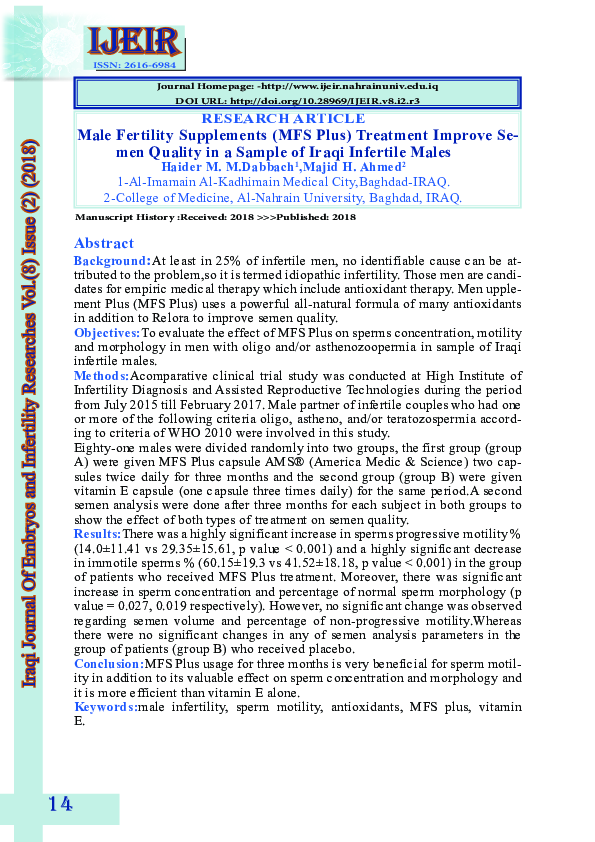 (PDF) Male Fertility Supplements (MFS Plus) Treatment Improve Semen ...