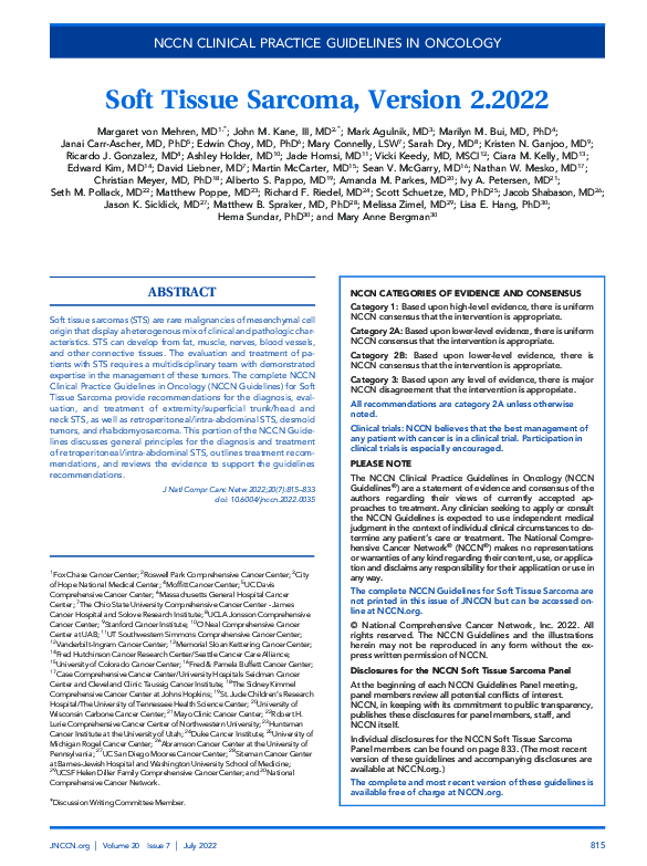 (PDF) Soft Tissue Sarcoma, Version 2.2022, NCCN Clinical Practice Guidelines in Oncology