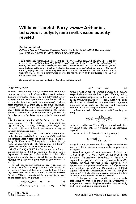 (PDF) Williams-Landel-Ferry versus Arrhenius behaviour: polystyrene ...