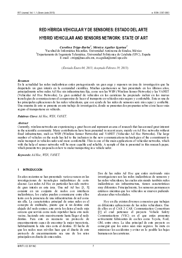 (PDF) Red híbrida vehicular y de sensores: estado del arte