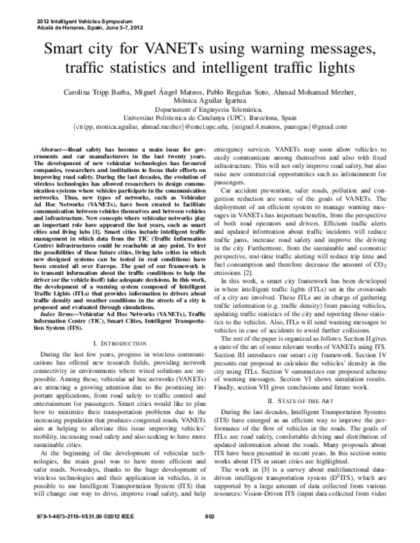 (PDF) Smart city for VANETs using warning messages, traffic statistics and intelligent traffic ...