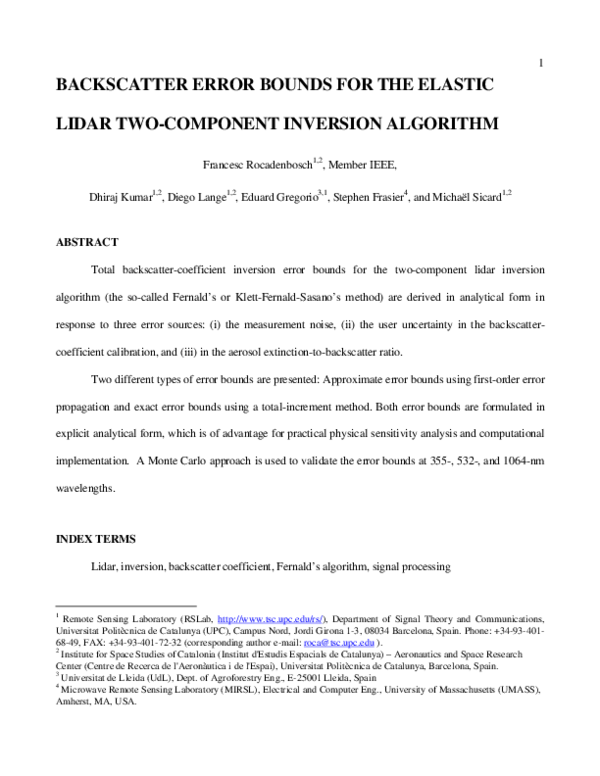 (PDF) Backscatter Error Bounds for the Elastic Lidar Two-Component Inversion Algorithm