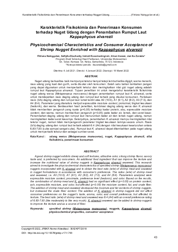 (PDF) Karakteristik Fisikokimia dan Penerimaan Konsumen terhadap Nuget Udang dengan Penambahan ...