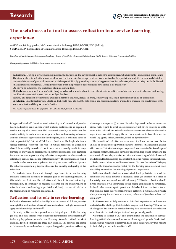 (PDF) The usefulness of a tool to assess reflection in a service ...