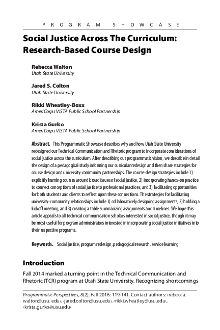 (PDF) Social Justice Across the Curriculum: Research-Based Course Design