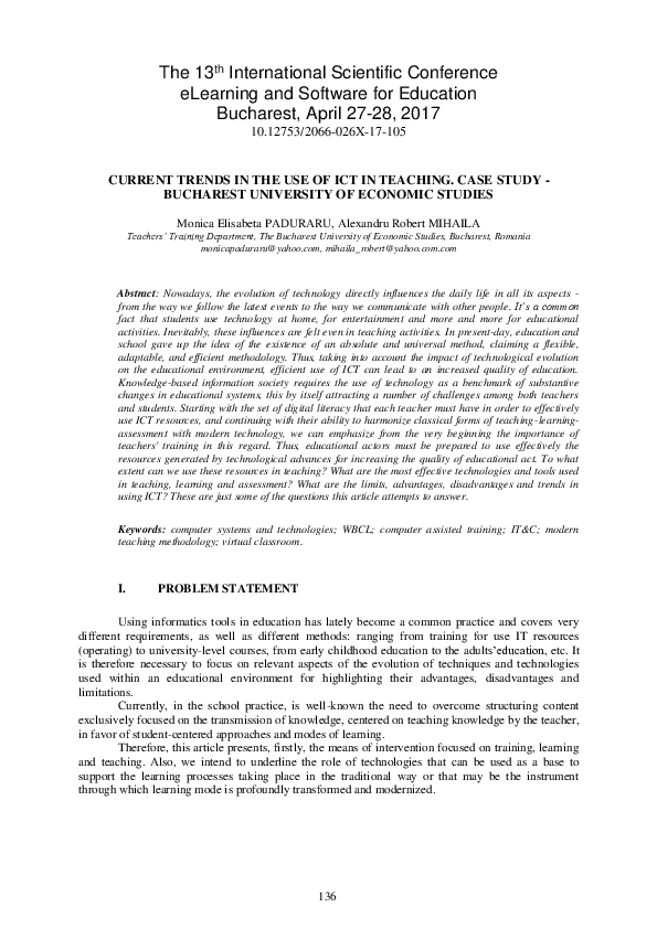 (PDF) Current Trends in the Use of Ict in Teaching. Case Study - Bucharest University of ...