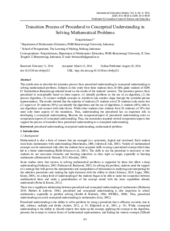 Pdf Transition Process Of Procedural To Conceptual Understanding In Solving Mathematical Problems