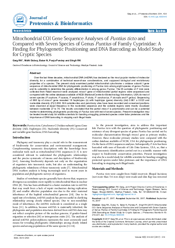 (PDF) Mitochondrial COI Gene Sequence Analyses of Puntius ticto and ...