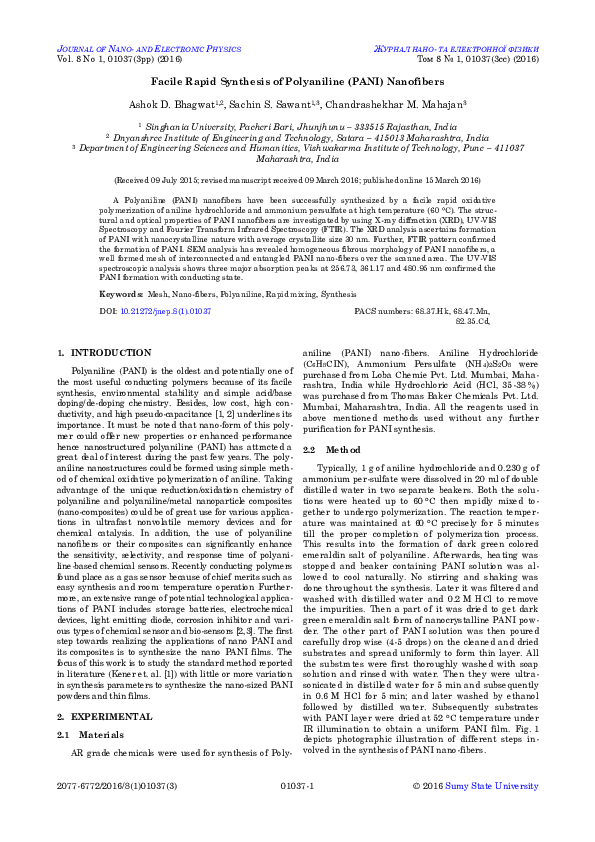 (PDF) Facile Rapid Synthesis of Polyaniline (PANI) Nanofibers (PDF) Facile Rapid Synthesis of Polyaniline (PANI) Nanofibers
