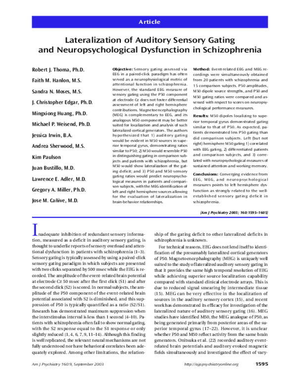 Pdf Lateralization Of Auditory Sensory Gating And Neuropsychological