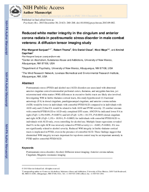 (PDF) Reduced white matter integrity in the cingulum and anterior corona radiata in ...