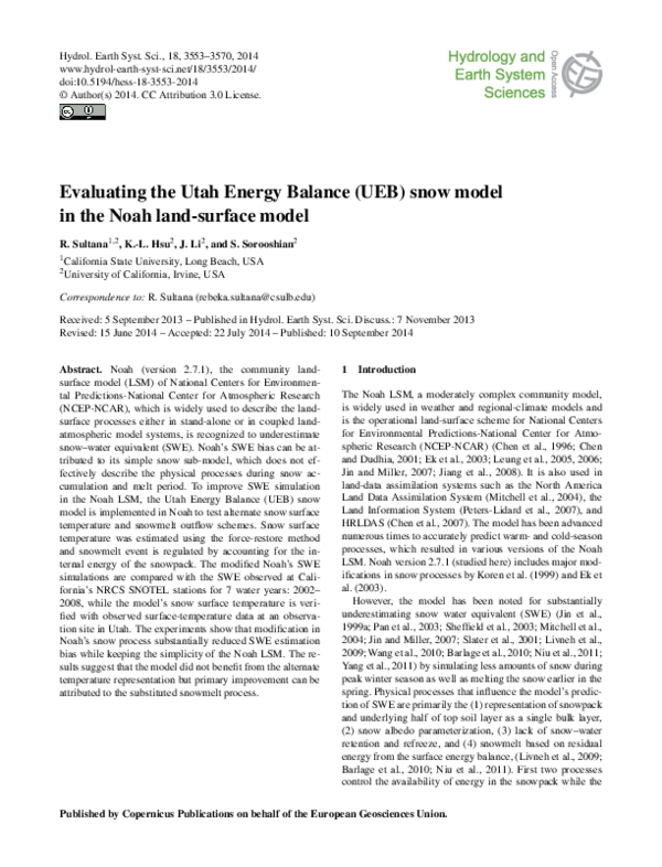 (PDF) Evaluating the Utah Energy Balance (UEB) snow model in the Noah ...