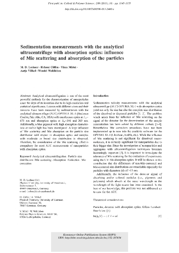 (PDF) Sedimentation measurements with the analytical ultracentrifuge with absorption optics ...