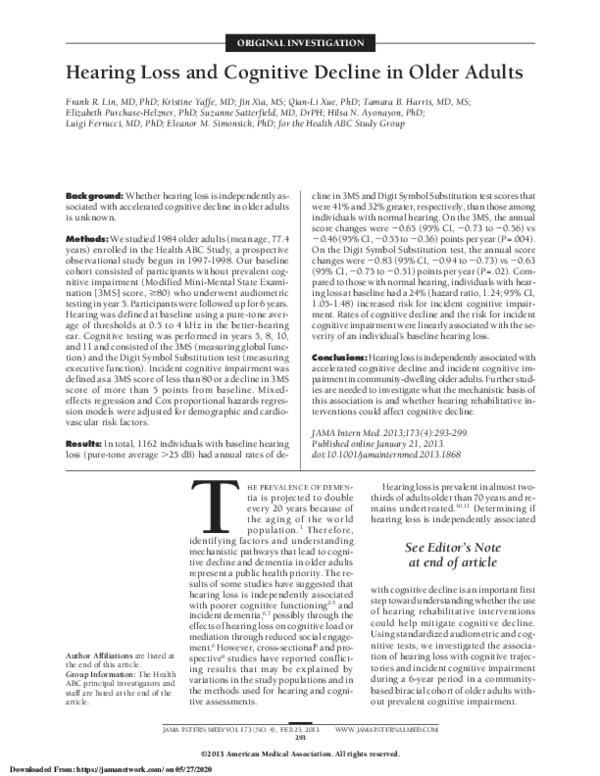 (PDF) Hearing loss and cognitive decline in older adults