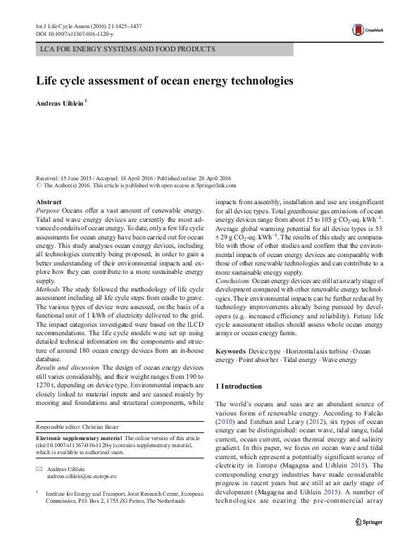 (PDF) Life cycle assessment of ocean energy technologies