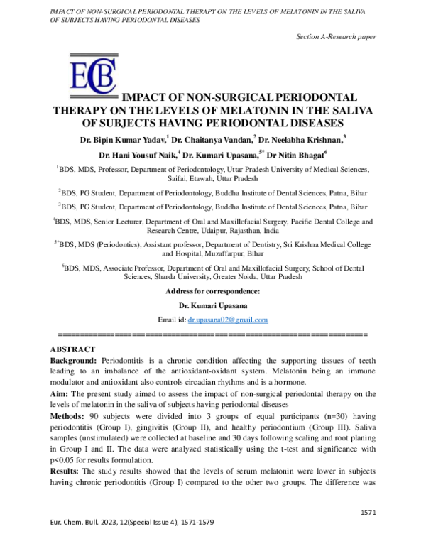 (PDF) Impact of Non-Surgical periodontal therapy on the levels of melatonin in the saliva of ...