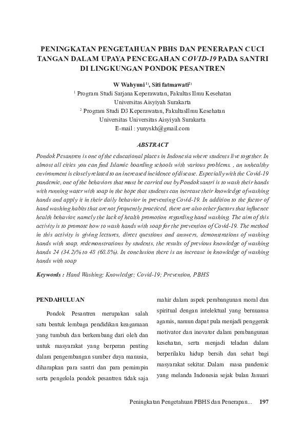 (PDF) Peningkatan Pengetahuan PBHS Dan Penerapan Cuci Tangan Dalam Upaya Pencegahan COVID-19 ...