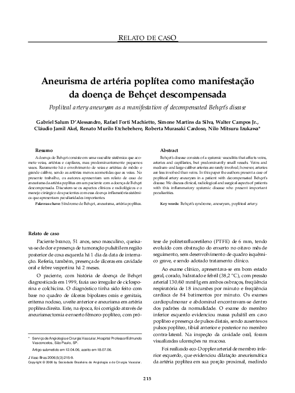 (PDF) Aneurisma de artéria poplítea como manifestação da doença de ...