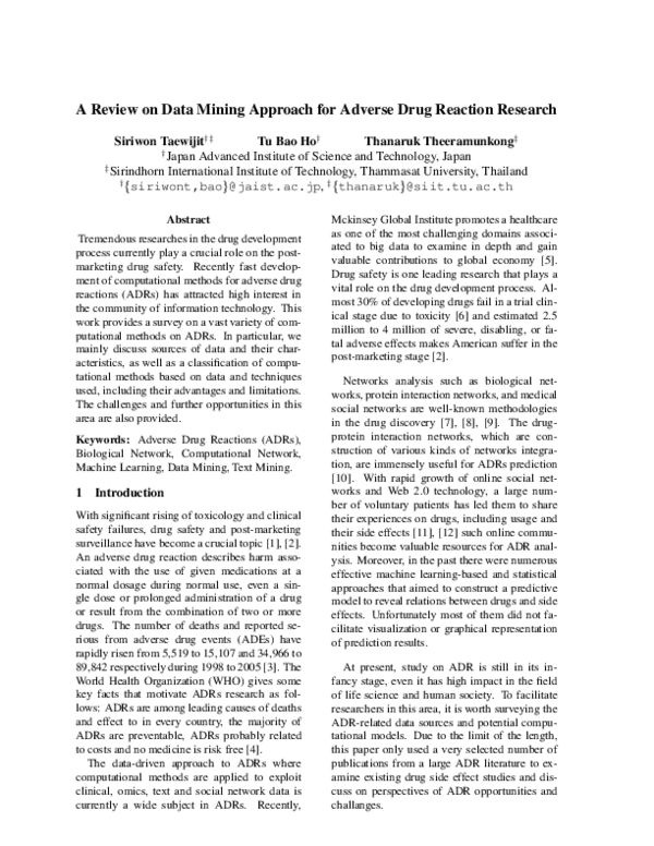 Pdf A Review On Data Mining Approach For Adverse Drug Reaction Research