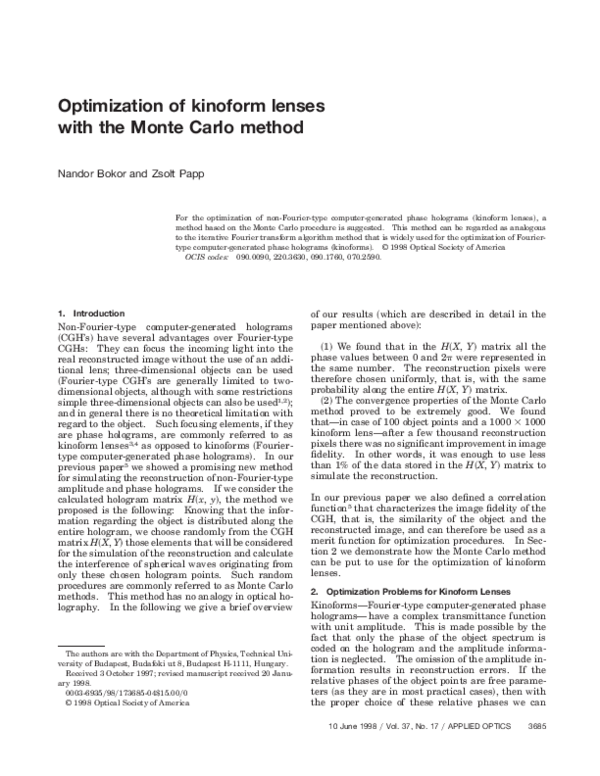 (PDF) Optimization of Kinoform Lenses with the Monte Carlo Method | Zsolt Papp - Academia.edu