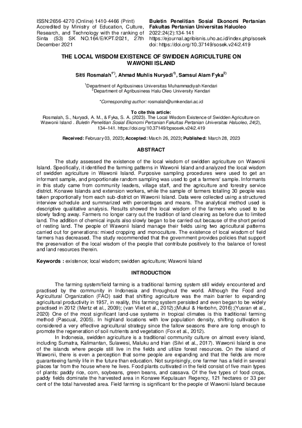 (PDF) Local Wisdom Existence of Swidden Agriculture on Wawonii Island