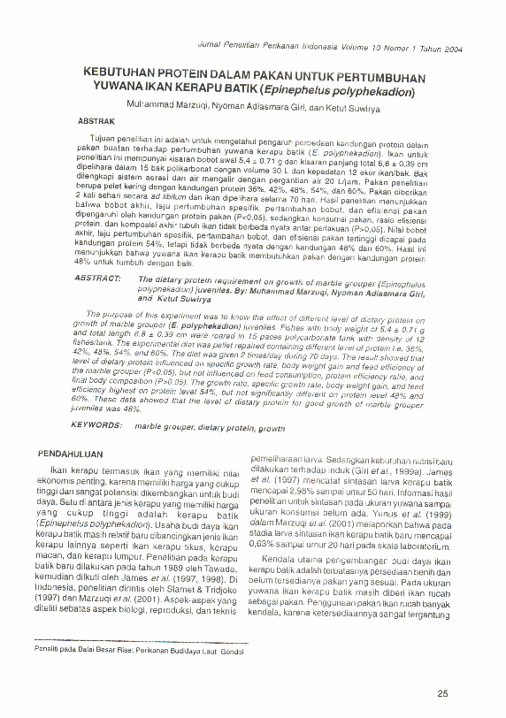 (PDF) KEBUTUHAN PROTEIN DALAM PAKAN UNTUK PERTUMBUHAN YUWANA IKAN ...