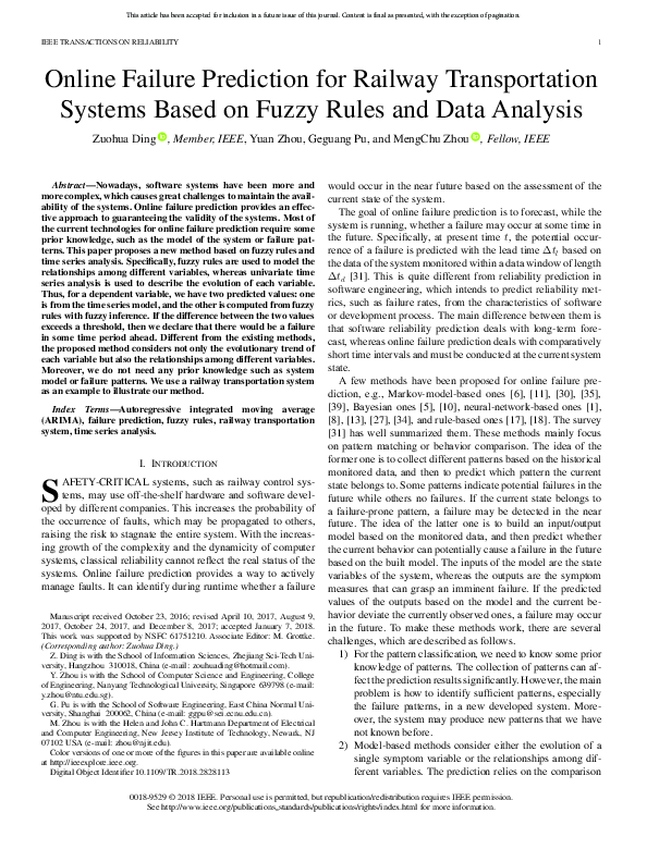 (PDF) Online Failure Prediction for Railway Transportation Systems Based on Fuzzy Rules and Data ...