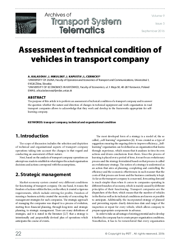 (PDF) Assessment of technical condition of vehicles in transport company