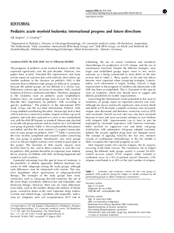 Pdf Pediatric Acute Myeloid Leukemia International Progress And Future Directions 