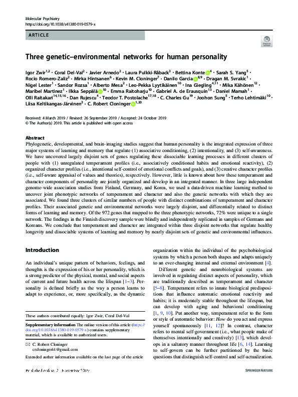 (PDF) Three genetic–environmental networks for human personality