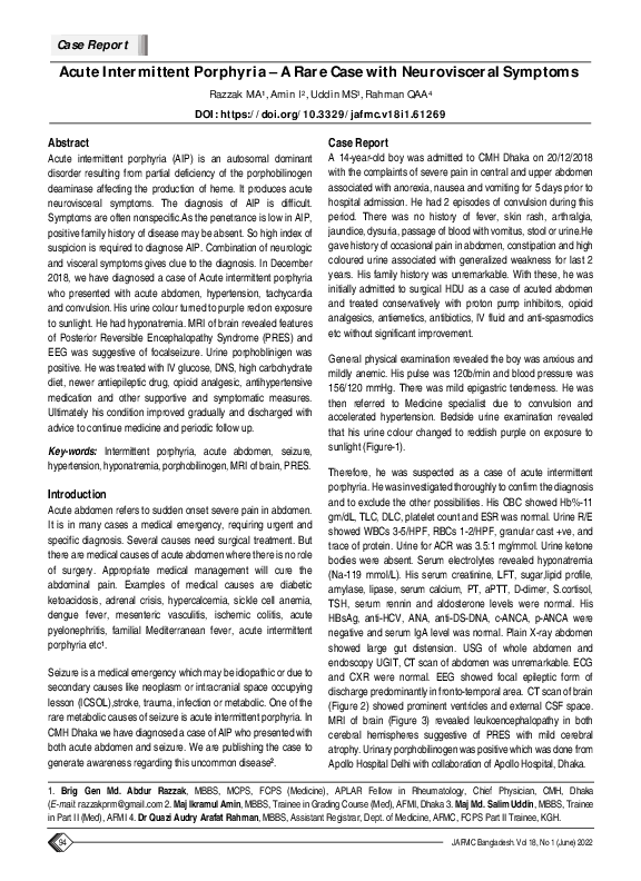 (PDF) Acute Intermittent Porphyria – A Rare Case with Neurovisceral ...