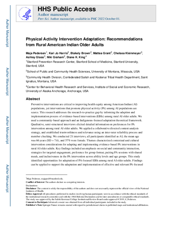 (PDF) Physical Activity Intervention Adaptation: Recommendations from Rural American Indian ...
