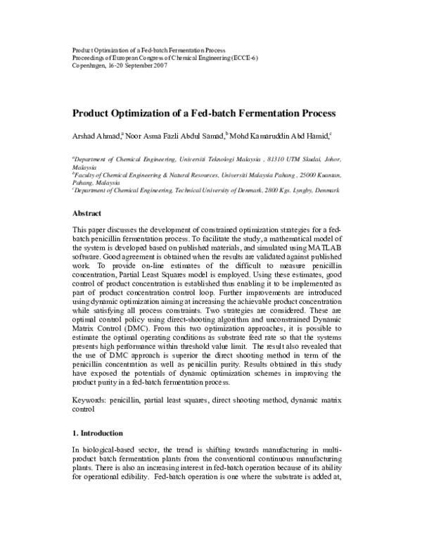 (PDF) Product optimization of a fed-batch fermentation process
