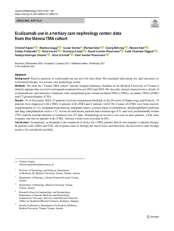 (PDF) Eculizumab use in a tertiary care nephrology center: data from ...