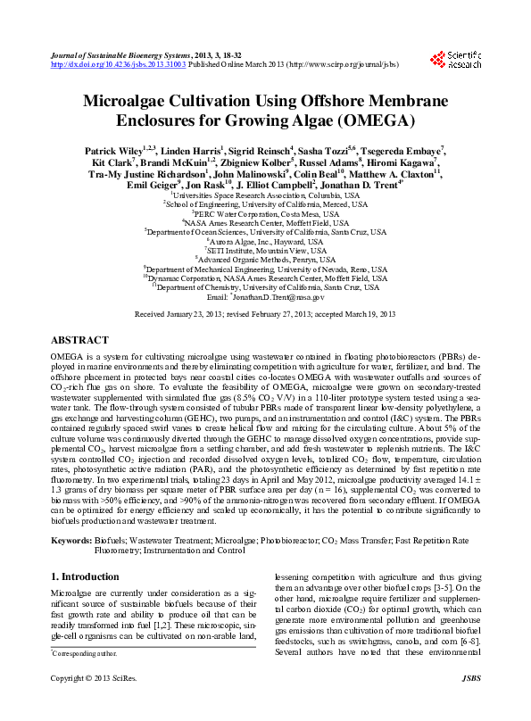 (PDF) Microalgae Cultivation Using Offshore Membrane Enclosures for Growing Algae (OMEGA)