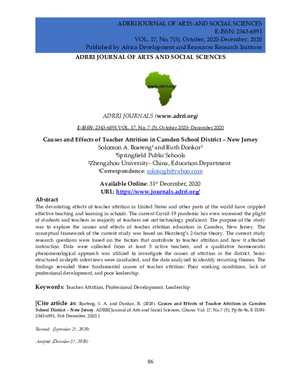 (PDF) Causes and Effects of Teacher Attrition in Camden School District -New Jersey