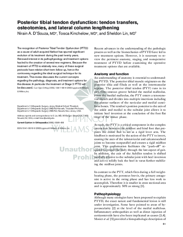 (PDF) Posterior tibial tendon dysfunction: tendon transfers ...