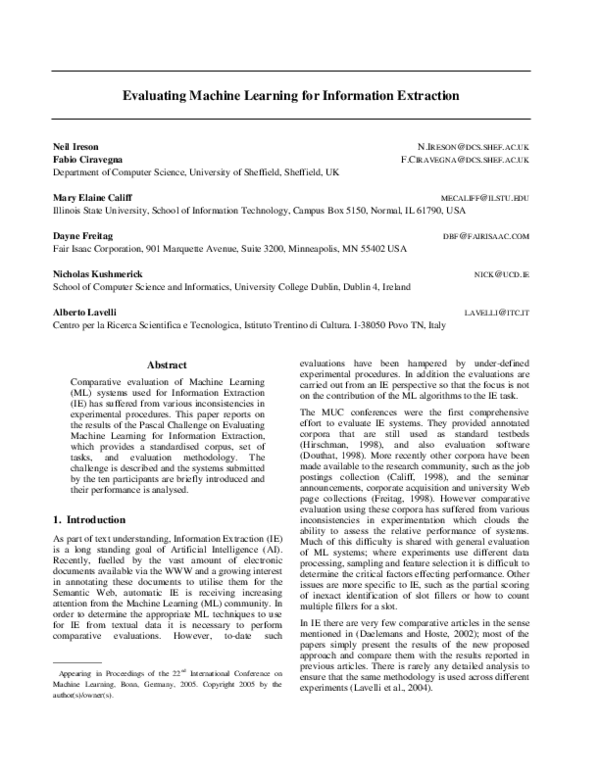 (PDF) Evaluating machine learning for information extraction | Neil S Ireson - Academia.edu