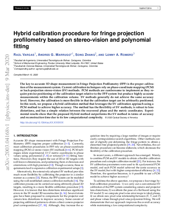 (PDF) Hybrid calibration procedure for fringe projection profilometry based on stereo vision and ...
