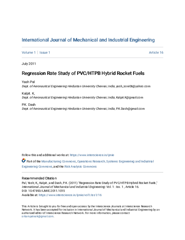 (PDF) Regression Rate Study of PVC/HTPB Hybrid Rocket Fuels