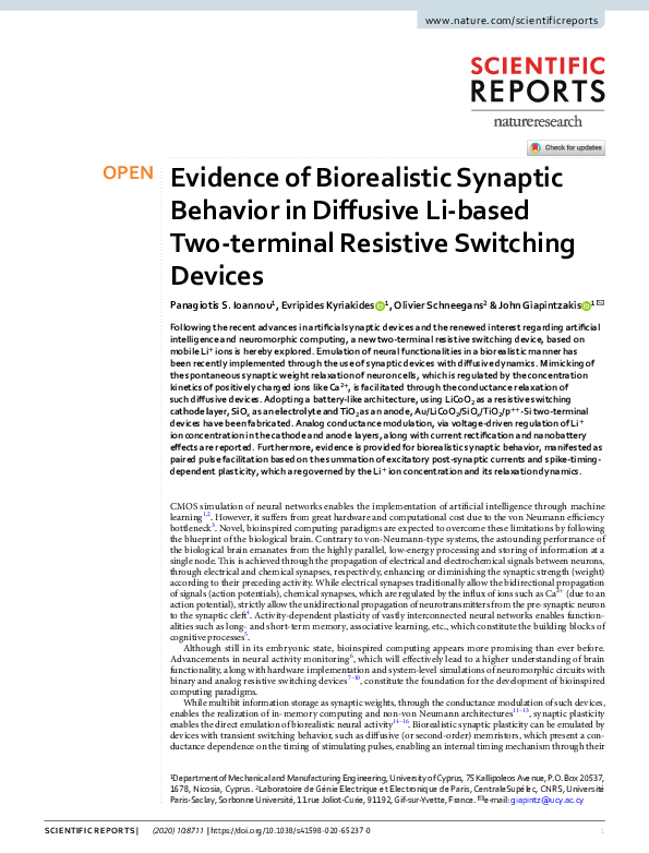 (PDF) Evidence of Biorealistic Synaptic Behavior in Diffusive Li-based Two-terminal Resistive ...