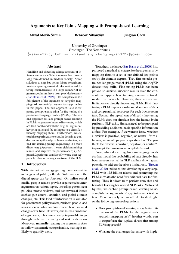 (PDF) Arguments to Key Points Mapping with Prompt-based Learning