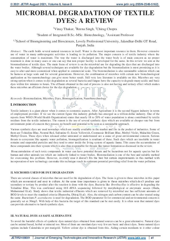 (PDF) Microbial Degradation of Textile Dyes: A Review | Vinay Thakur ...