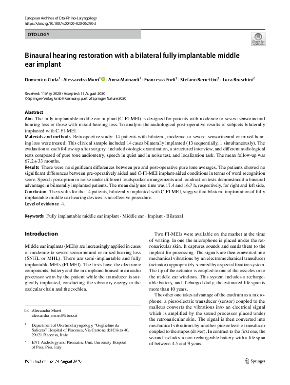 (PDF) Binaural hearing restoration with a bilateral fully implantable ...
